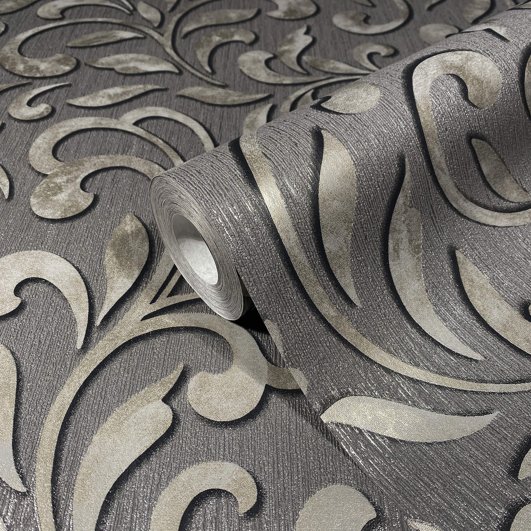 Shop Royal Damask Wallpaper in Antracite/Silver from the Olio ...
