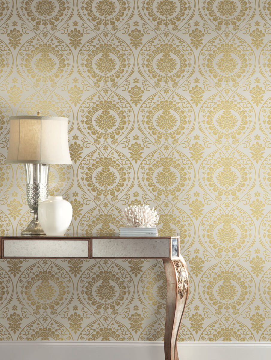 Shop Imperial Damask Wallpaper in Linen/Gold from Damask Resource ...