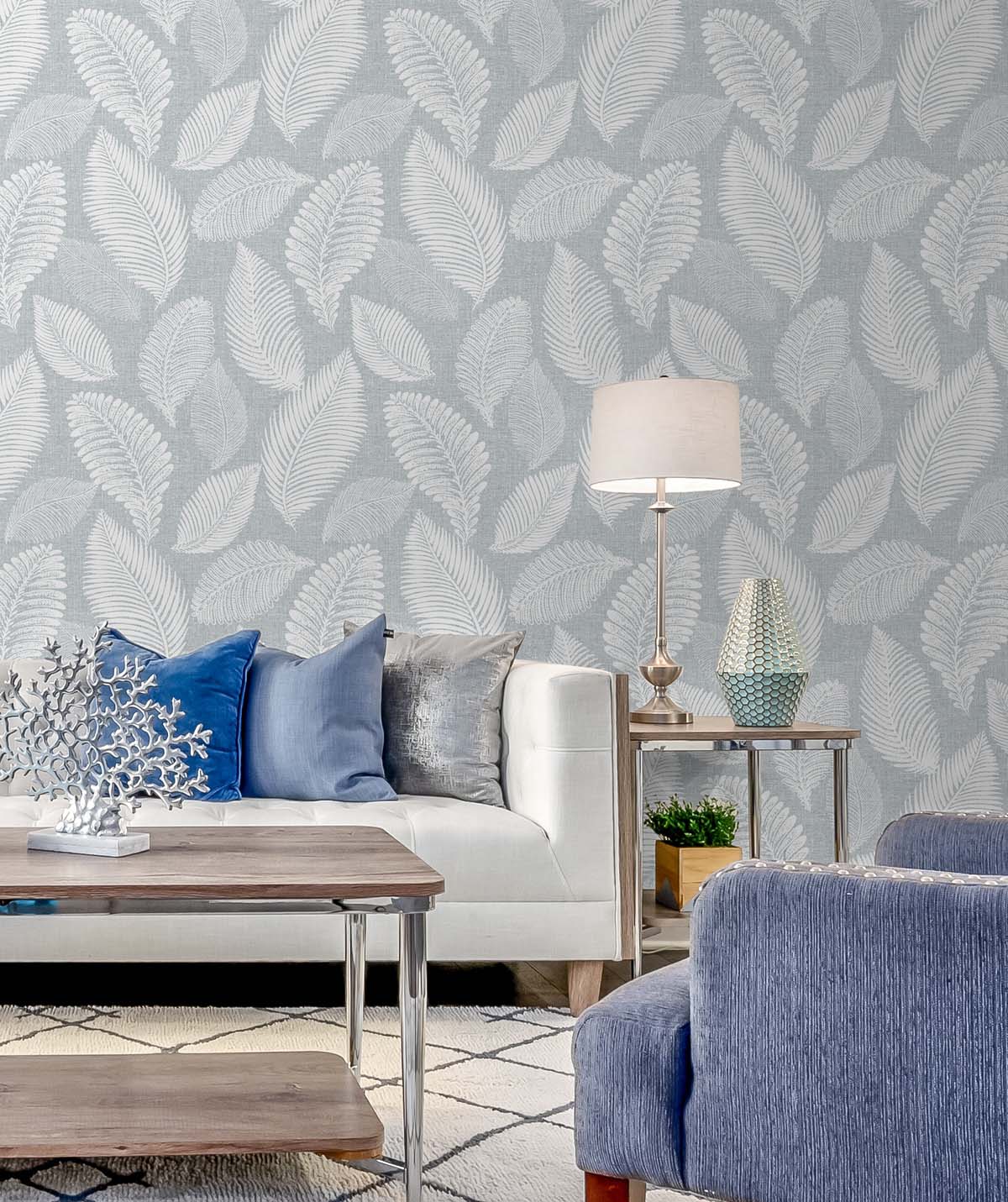 Shop Tossed Leaves Wallpaper in Ice | Burke Decor