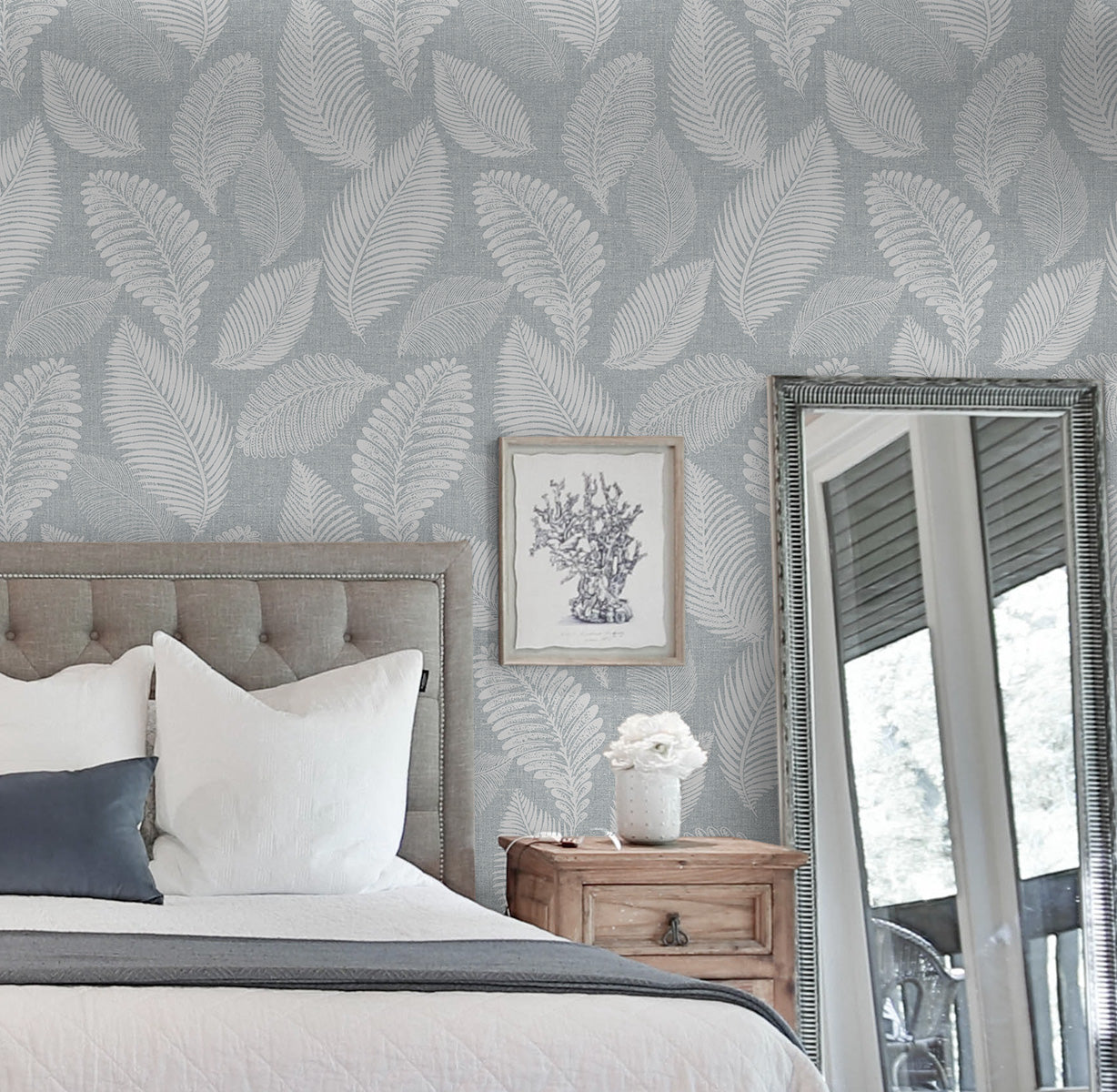 Shop Tossed Leaves Wallpaper in Ice | Burke Decor